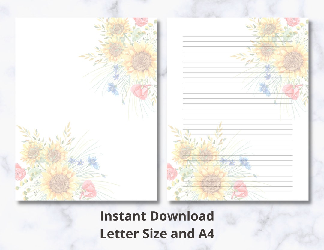Sunflowers and Blue Flowers Printable Stationery| Blue Floral Writing ...