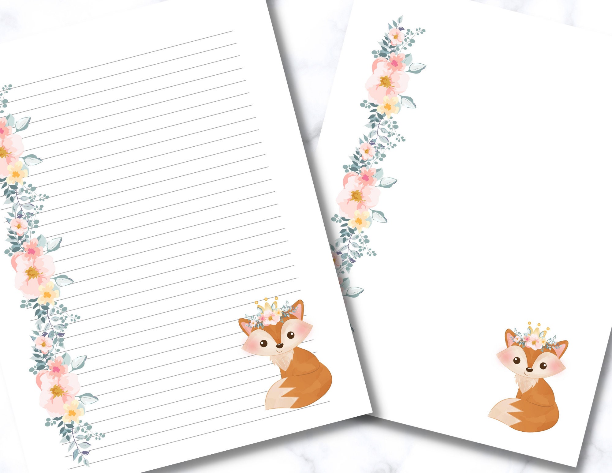Fox With Florals Printable Stationery| Printable Kawaii Stationery ...