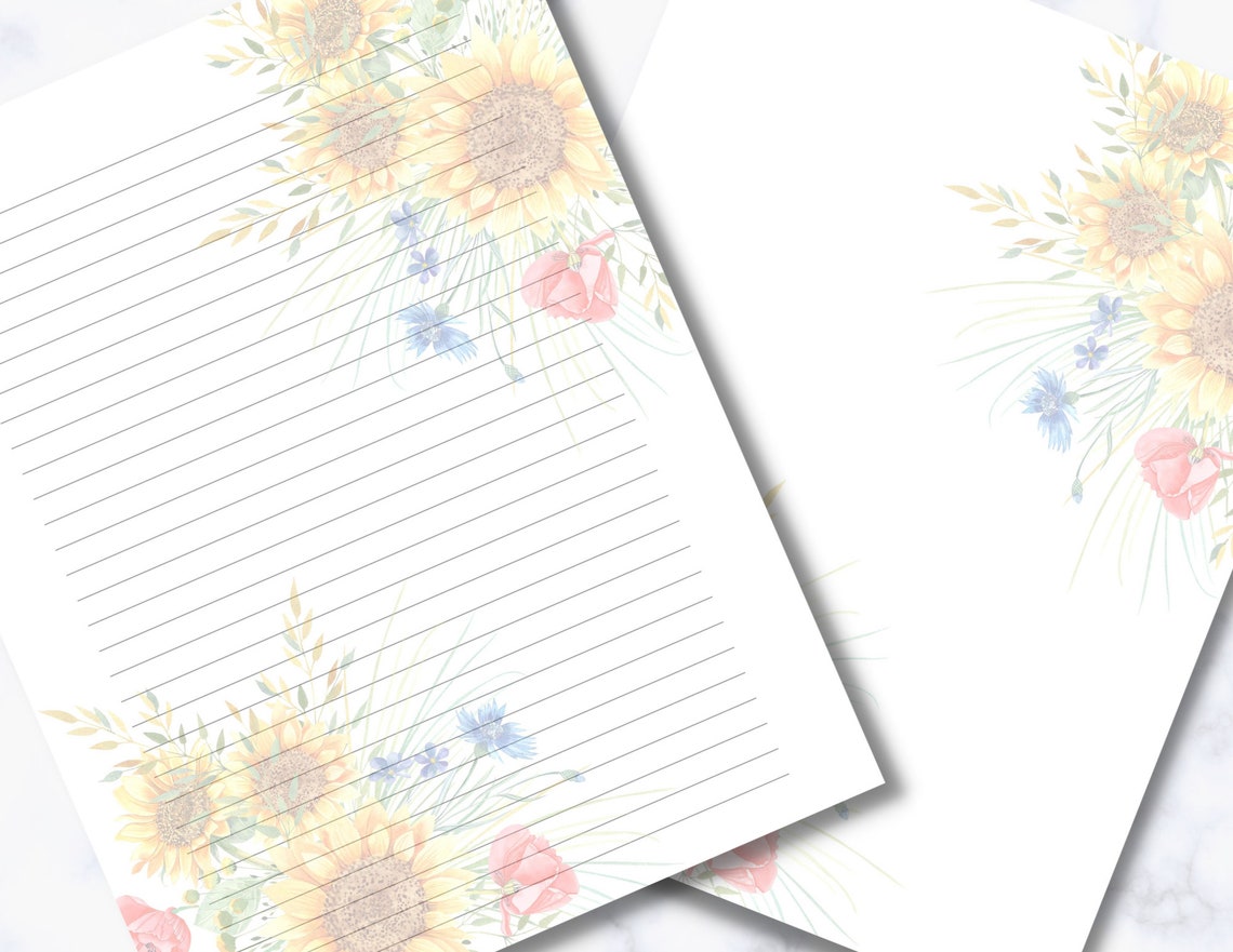 Sunflowers and Blue Flowers Printable Stationery| Blue Floral Writing ...