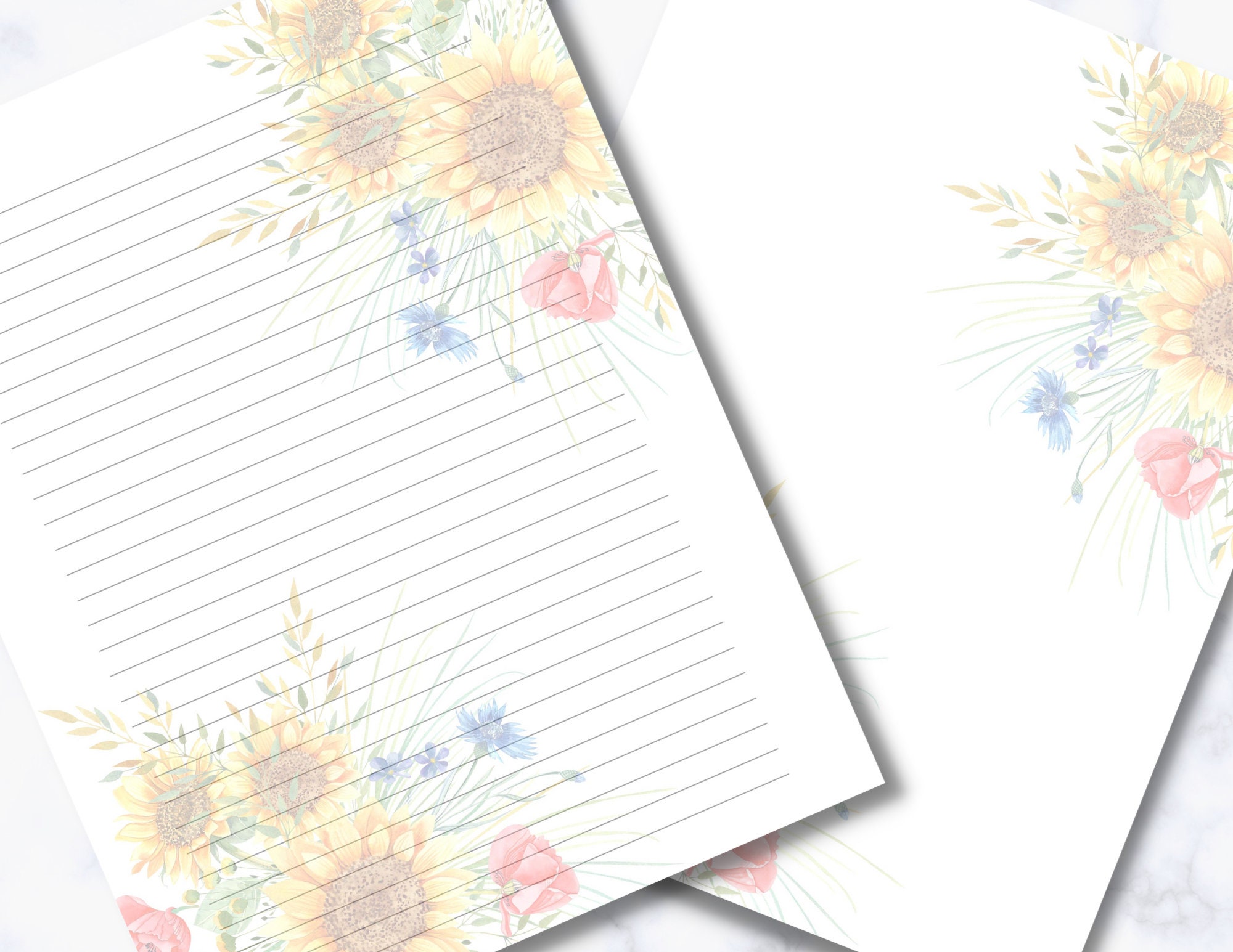 Sunflowers and Blue Flowers Printable Stationery| Blue Floral Writing ...