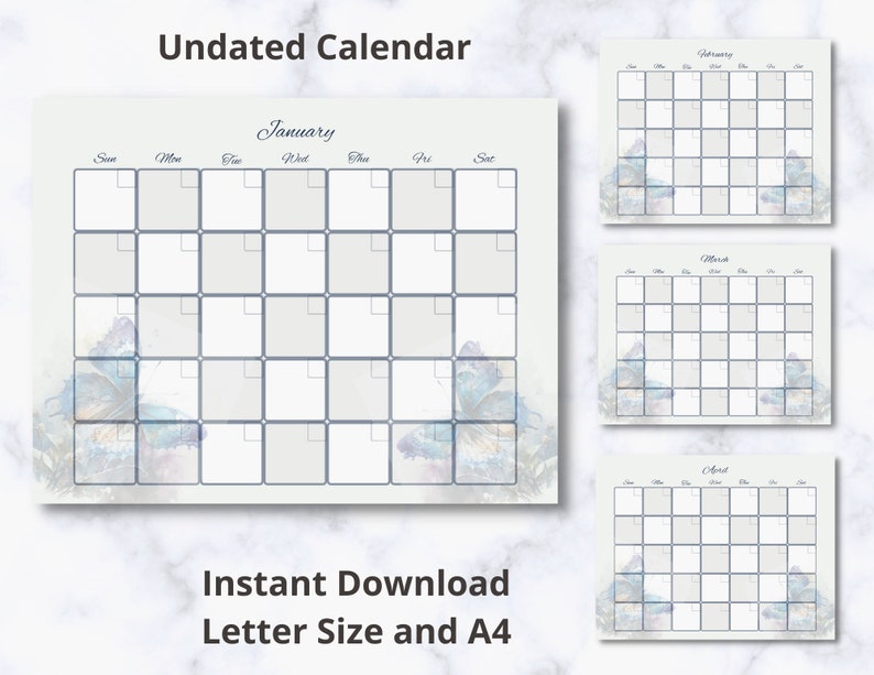 Undated Blue Butterflies Printable Calendar| Undated Calendar ...