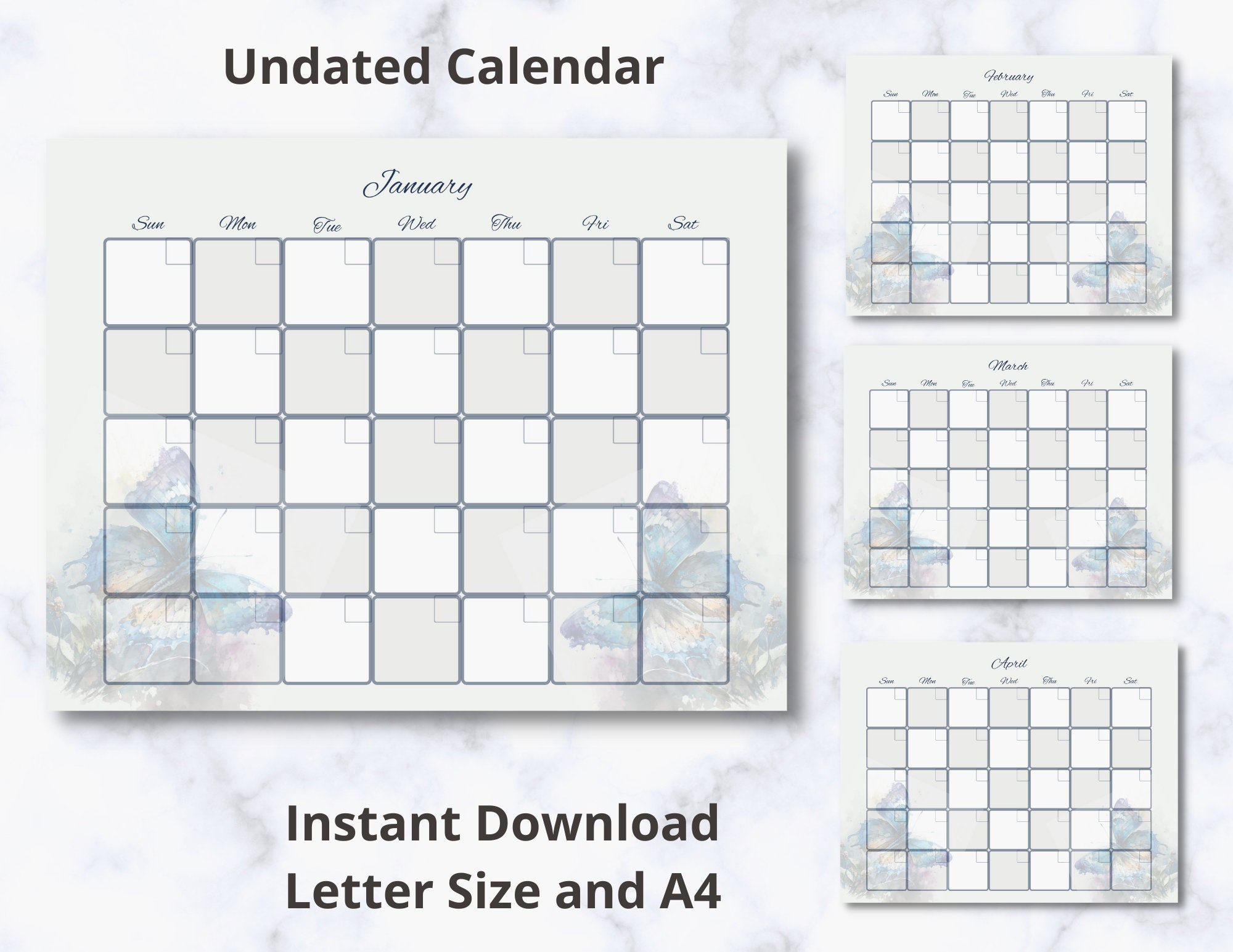 Undated Blue Butterflies Printable Calendar| Undated Calendar ...