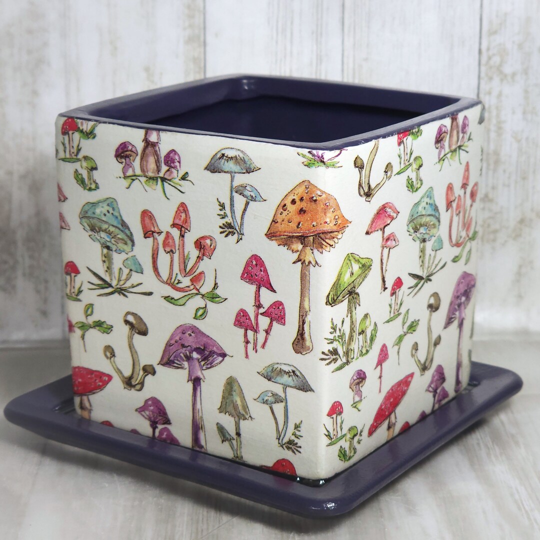 MUSHROOM MELODY | Whimsical Decoupage 4-inch Square Pot With 5-inch ...