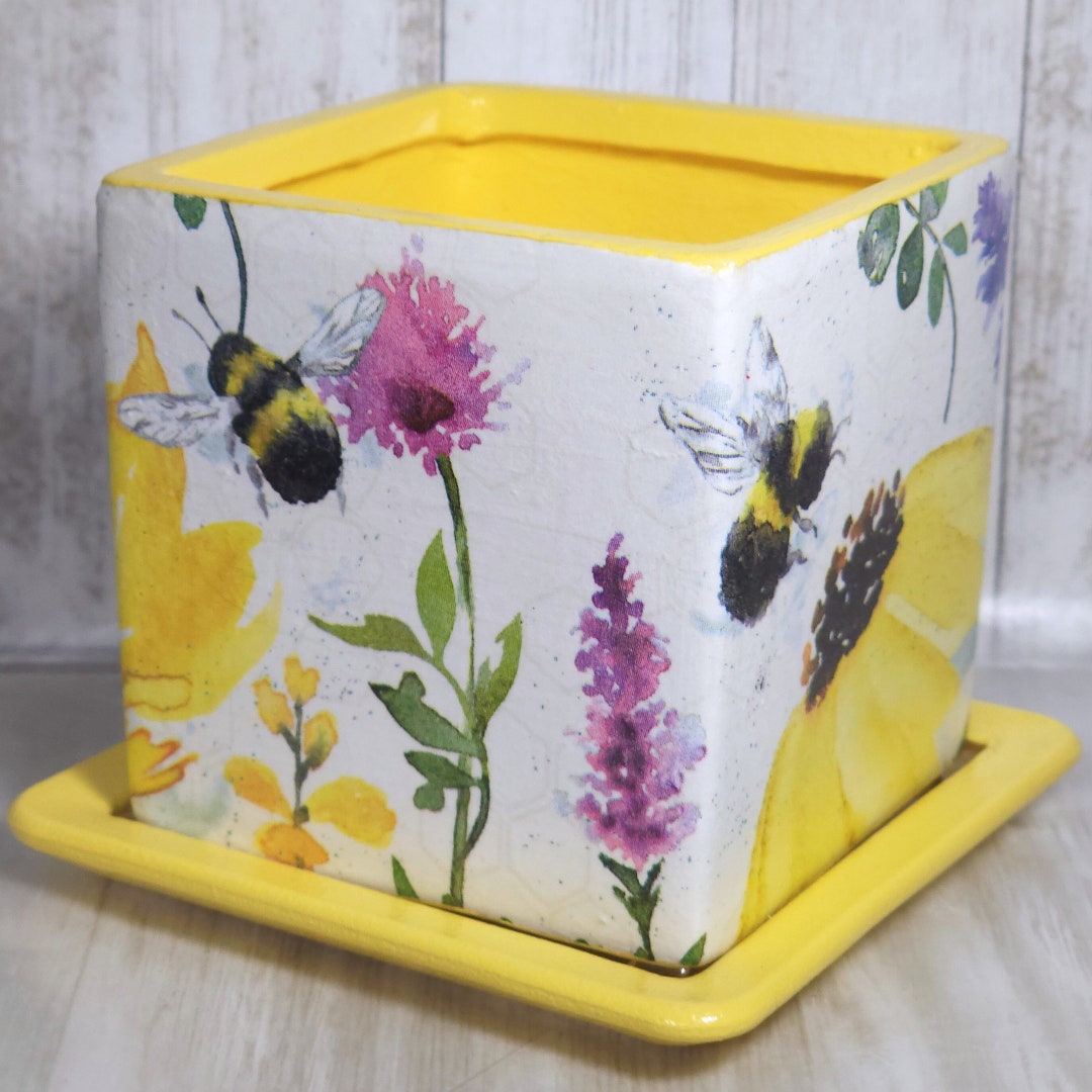 SUMMER BEES and BLOOMS Decoupage Square Planter 4 Terracotta Pot and 5 ...