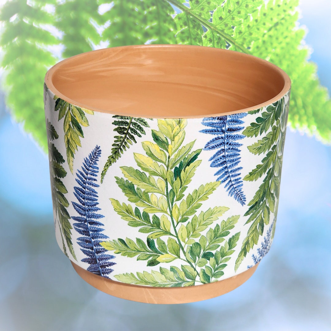 BLUE FERN Decoupage 8-inch Terracotta Clay Pot Large Indoor or Planter ...