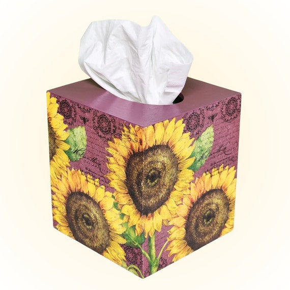 VINTAGE SUNFLOWER Decoupage Square Tissue Box Cover Giant Sunflowers on Vintage Script Wood Tissue Box Cover Open Bottom Etsy