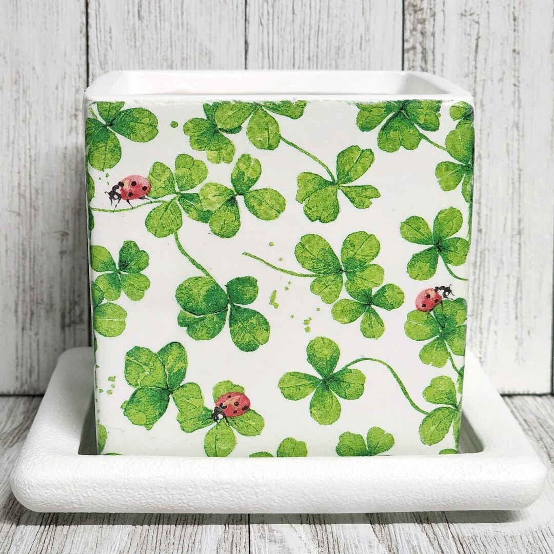 LADYBUG and CLOVER Decoupage Square Planter | 4" Terracotta Pot and 5 ...