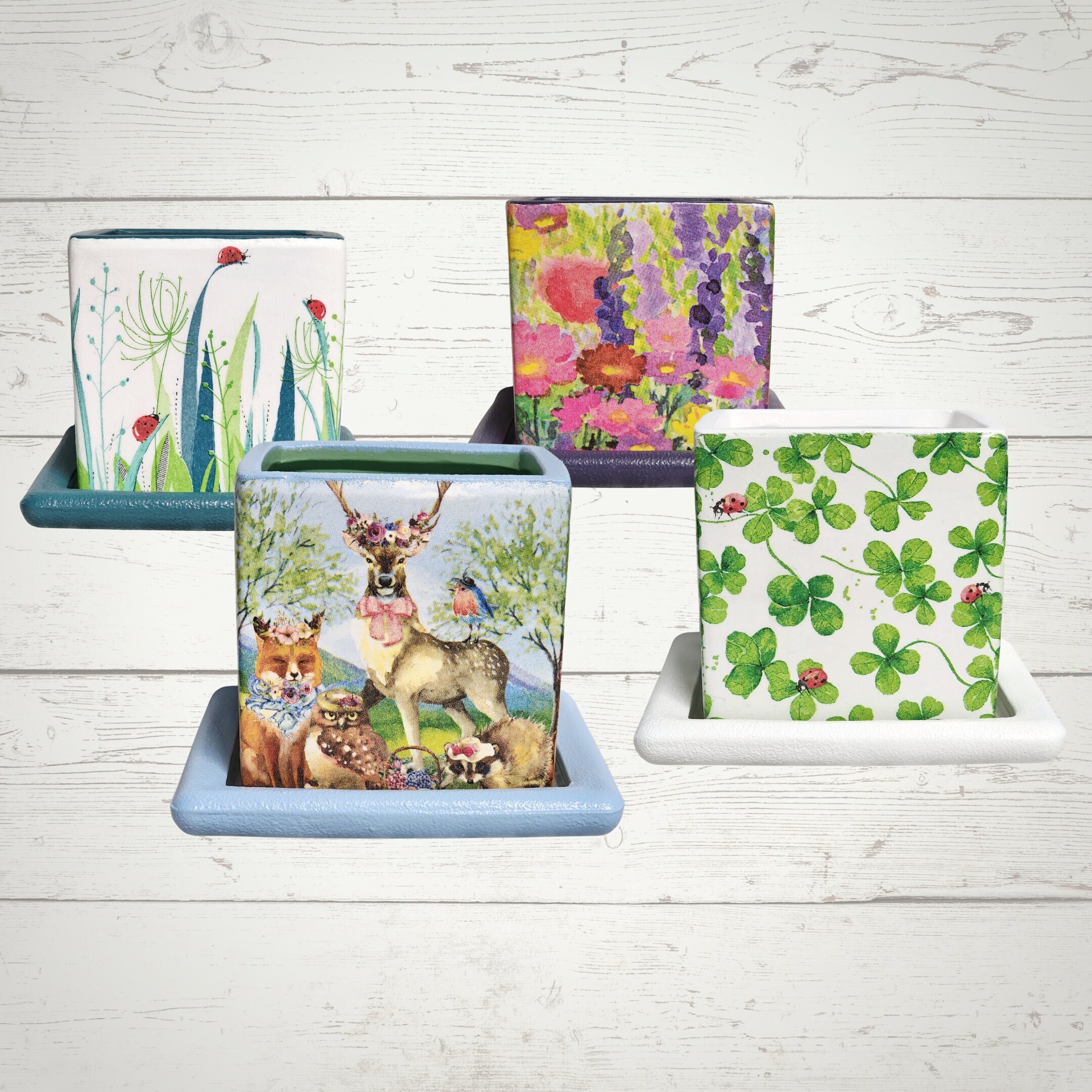 Decoupage Square Clay Pot and Glass Saucer