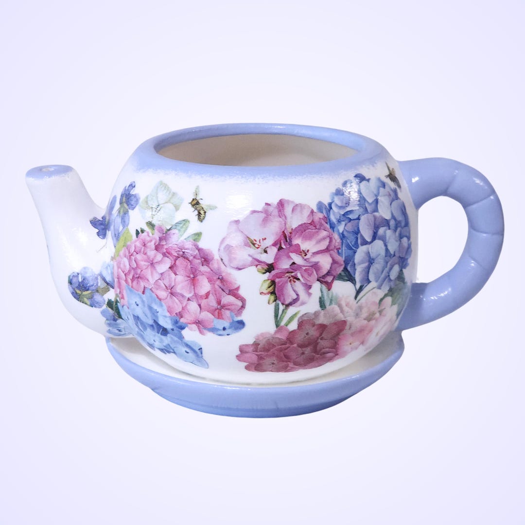 WILD HYDRANGEA and BEES Decoupage Teapot Planter | 4-inch-tall Shallow ...