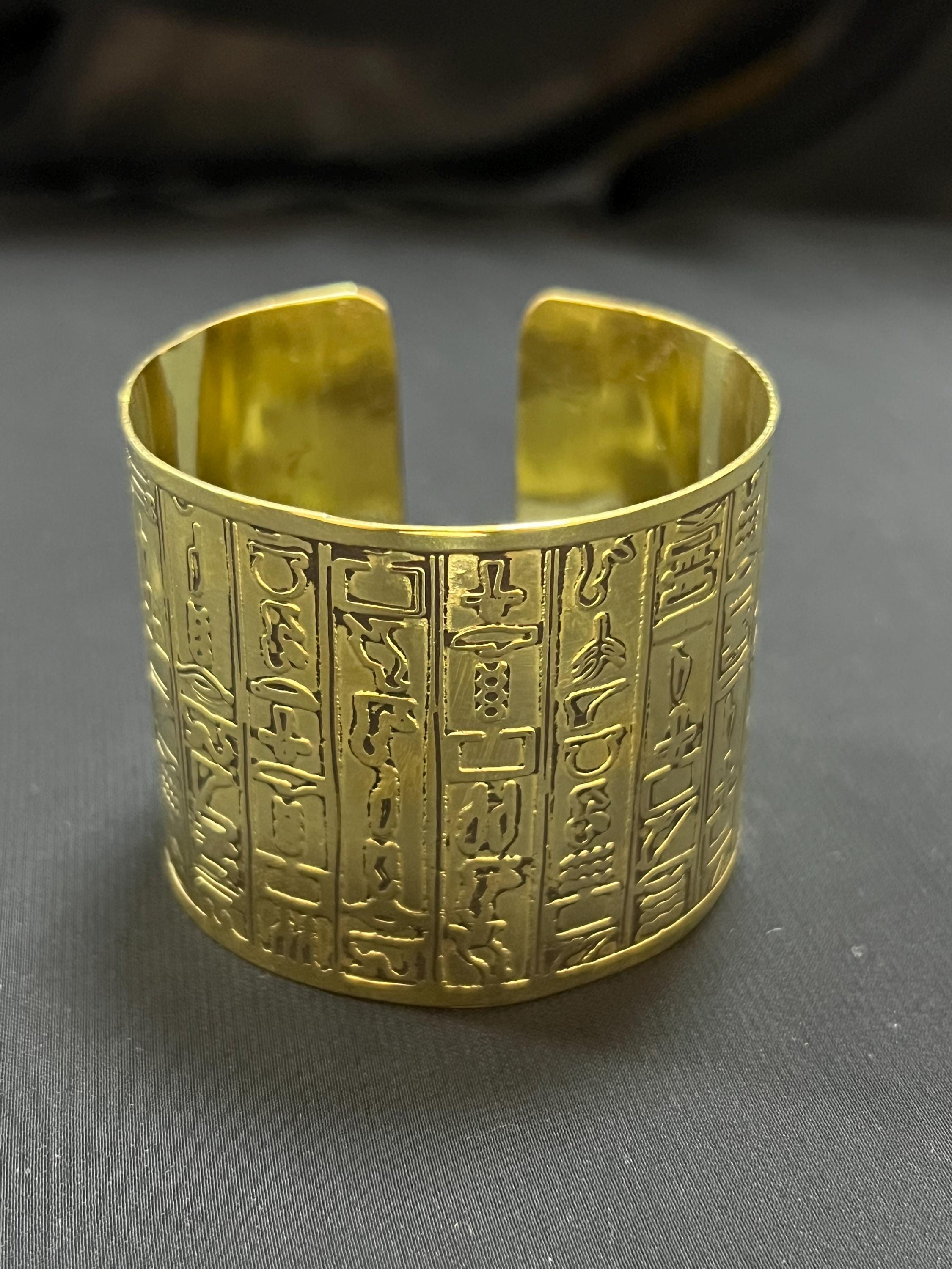 Gold Egyptian Hieroglyphic Cuff Bracelet | Wide Pharaoh-inspired Bangle ...