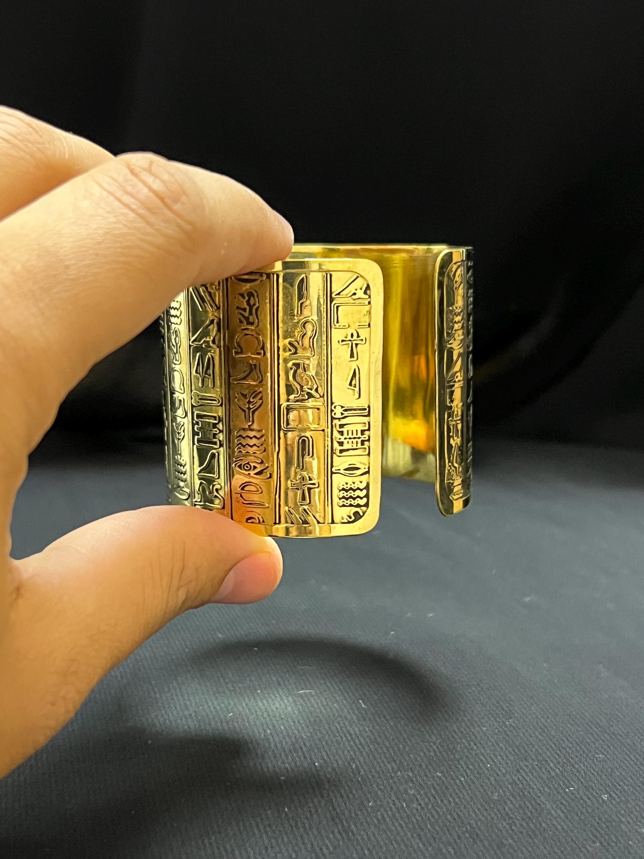 Gold Egyptian Hieroglyphic Cuff Bracelet | Wide Pharaoh-inspired Bangle ...