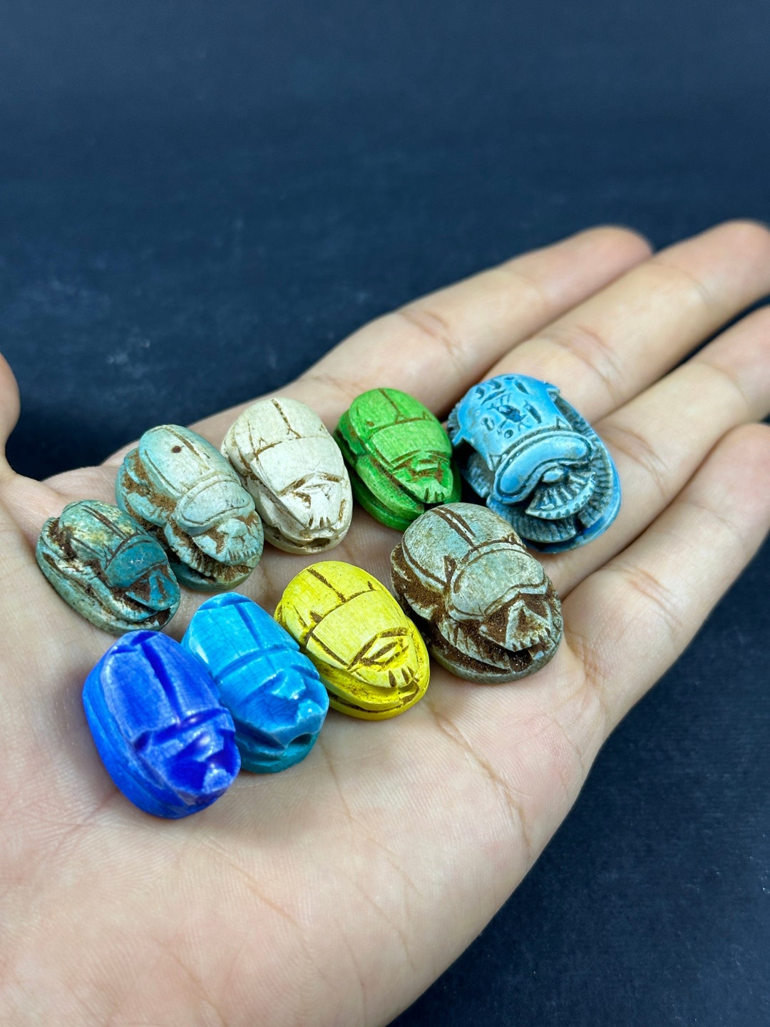 Set of Nine Tiny Egyptian Scarab With Different Colors. Sculpture ...