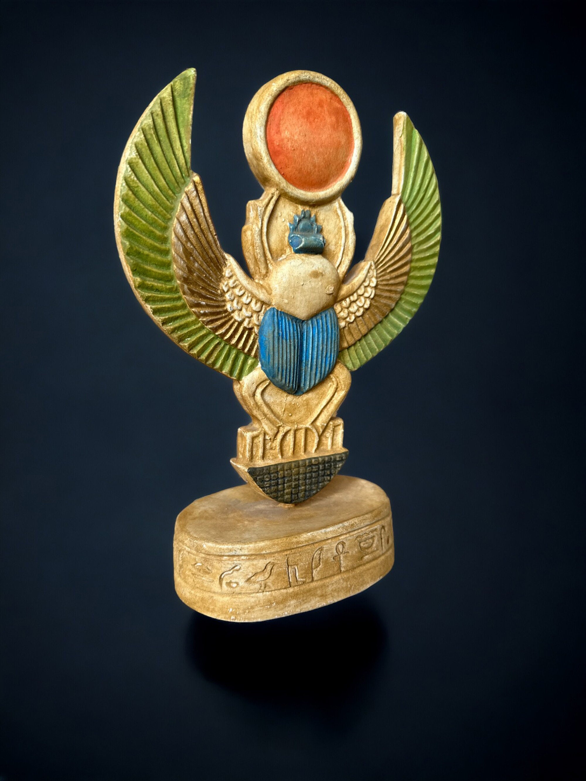 Egyptian Statue of Winged Scarab Beetle Khepri With Sun Disc, Heavy ...
