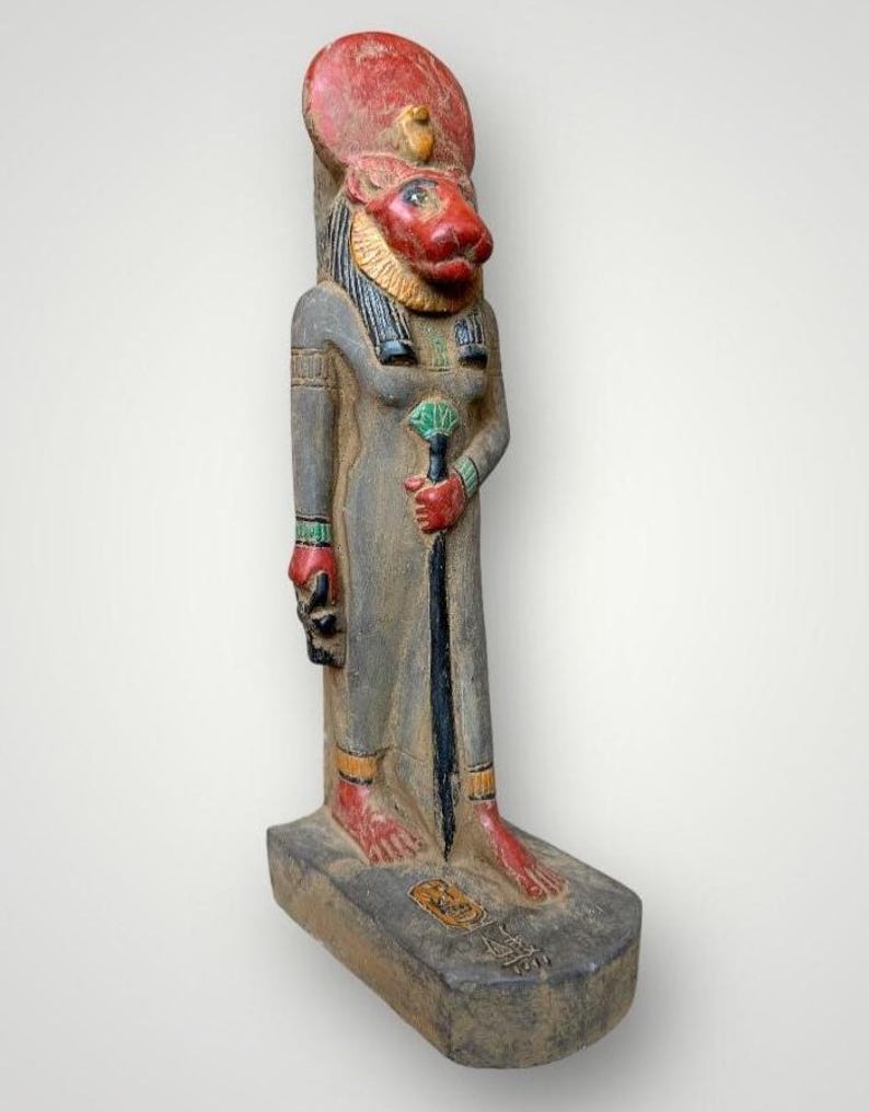Ancient Egyptian Sekhmet Statue With Red Sun Disk – Handcrafted Lioness ...