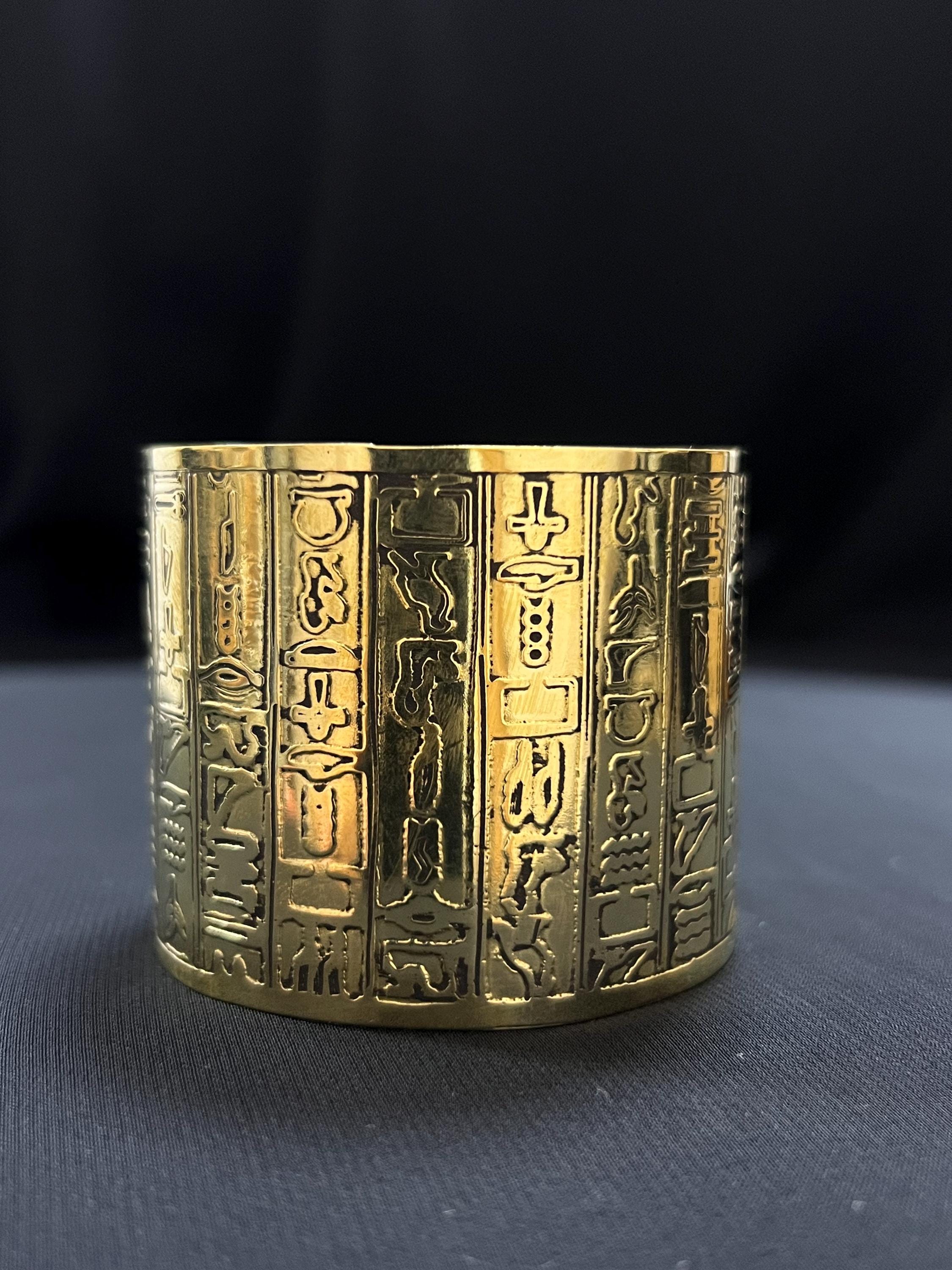 Gold Egyptian Hieroglyphic Cuff Bracelet | Wide Pharaoh-inspired Bangle ...
