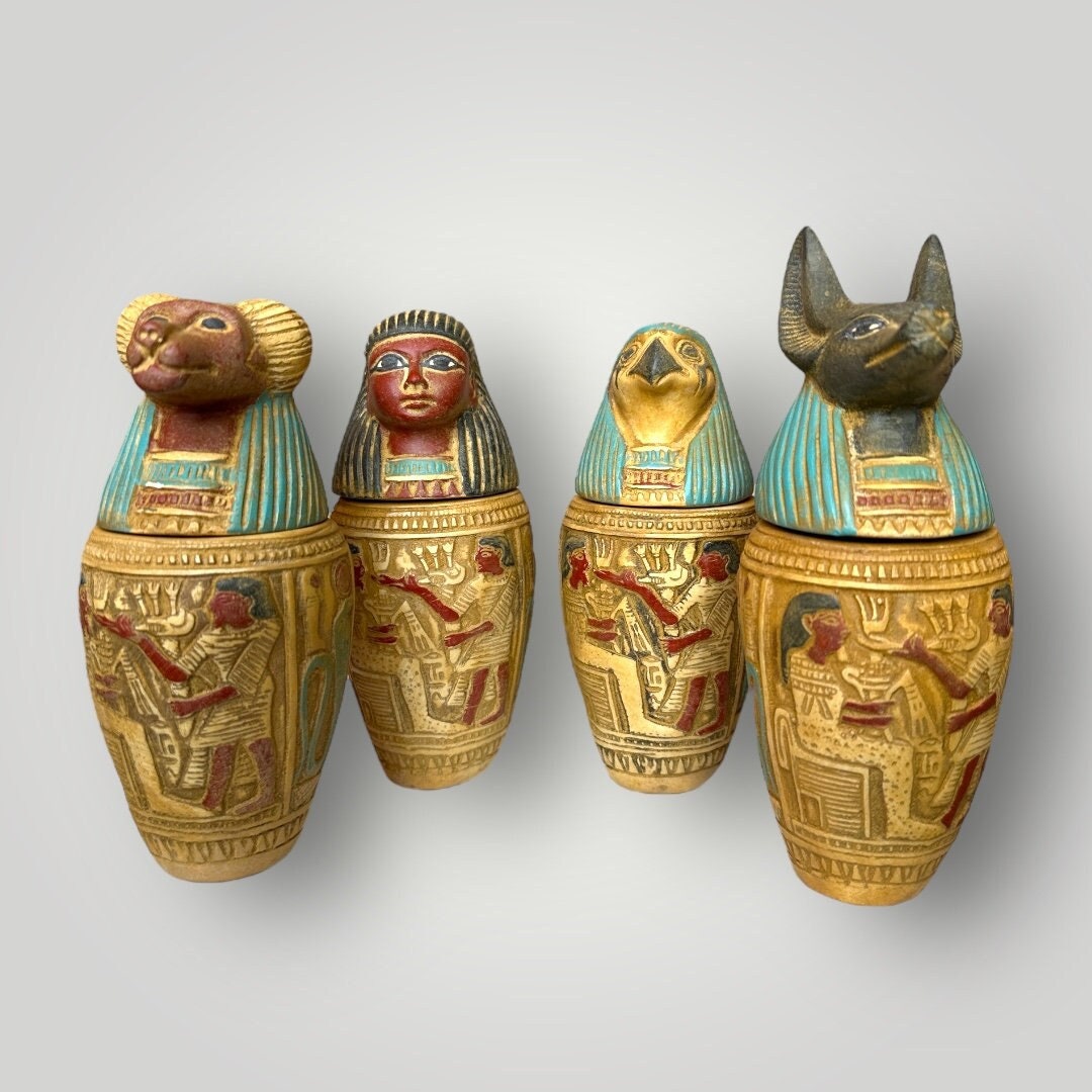 Set of Four Ancient Egyptian Canopic Jars Statues Hieroglyph Pharaoh ...