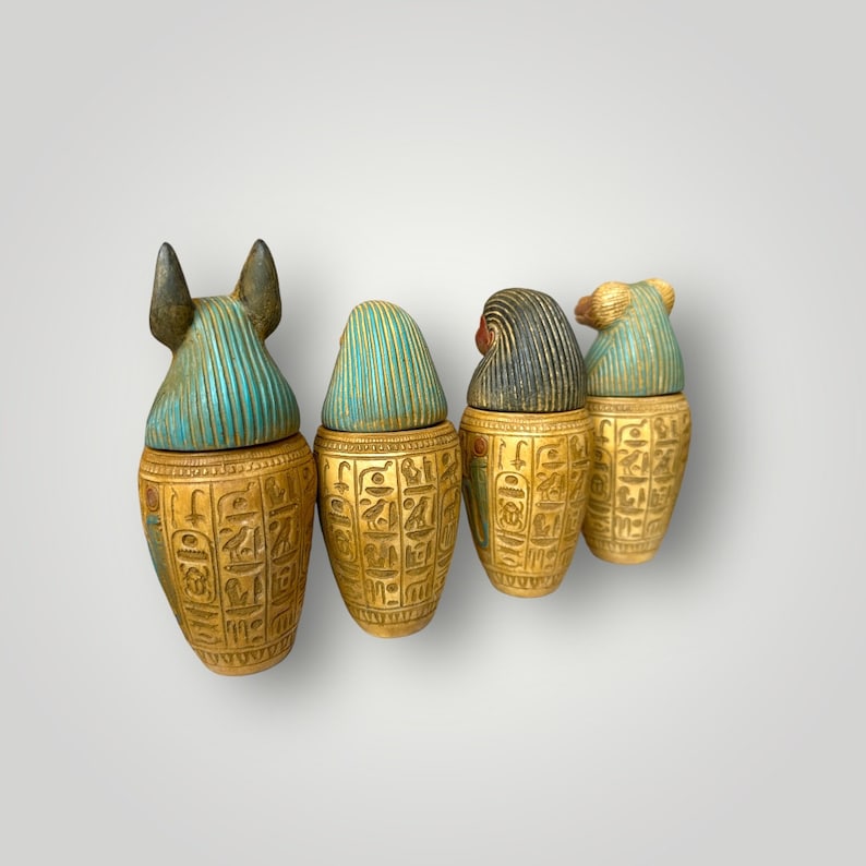 Set of Four Ancient Egyptian Canopic Jars Statues Hieroglyph Pharaoh ...