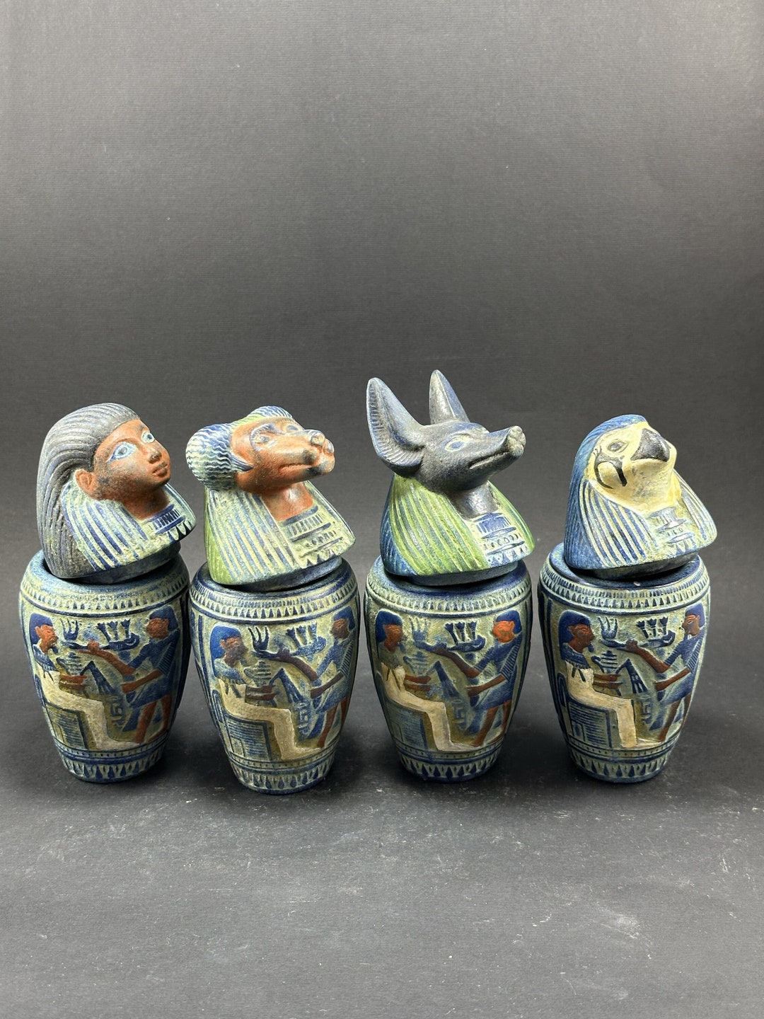 Unique Canopic Jars Statues Hieroglyph Set Four Egyptian Gods Made of ...