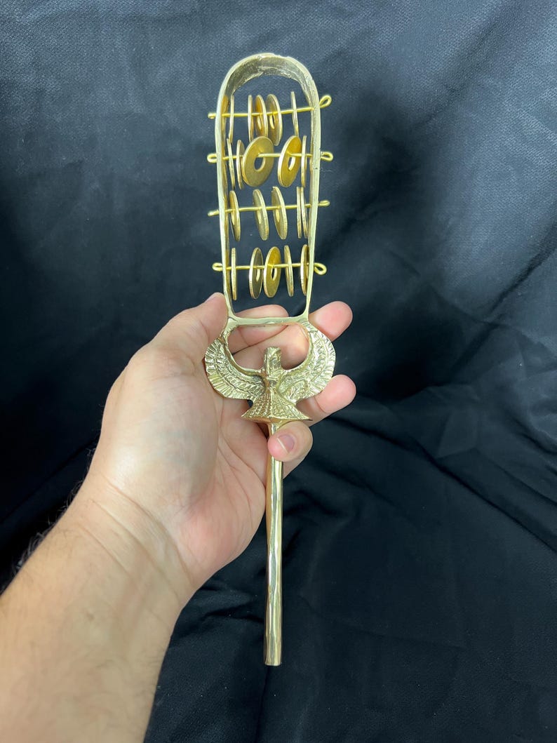 Golden Isis Sistrum With Winged Goddess Motif – Sacred Egyptian Ritual ...