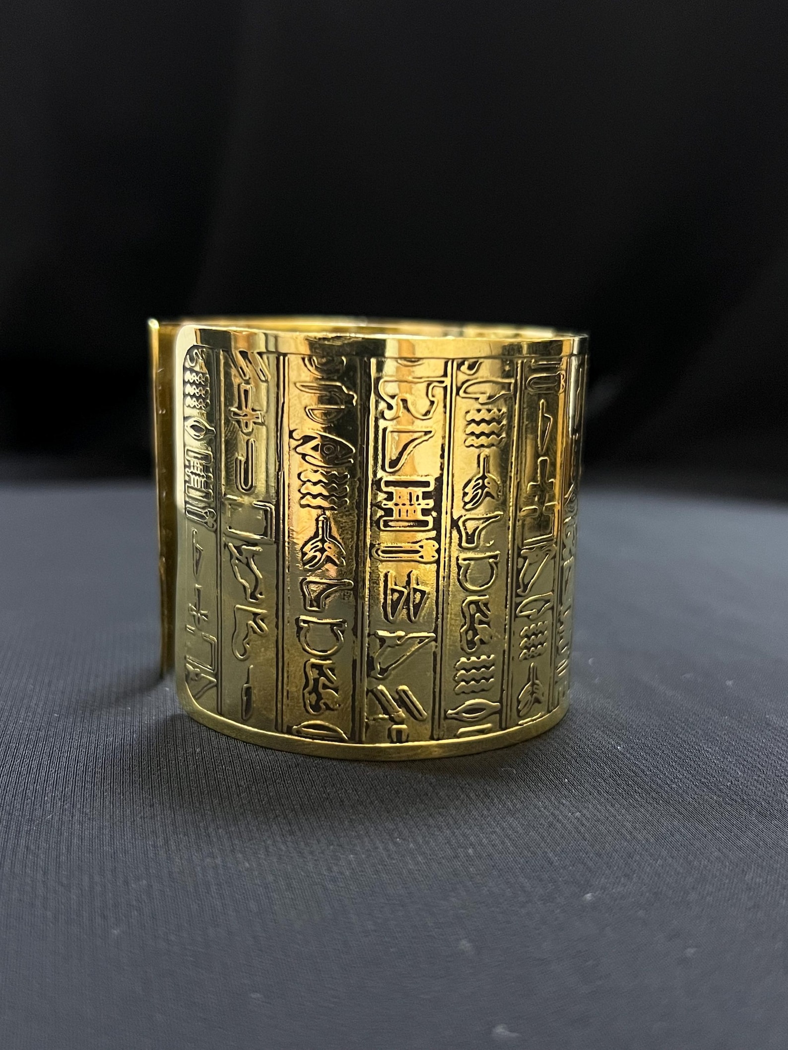 Golden Egyptian Hieroglyphic Cuff Bracelet | Wide Pharaoh-inspired ...