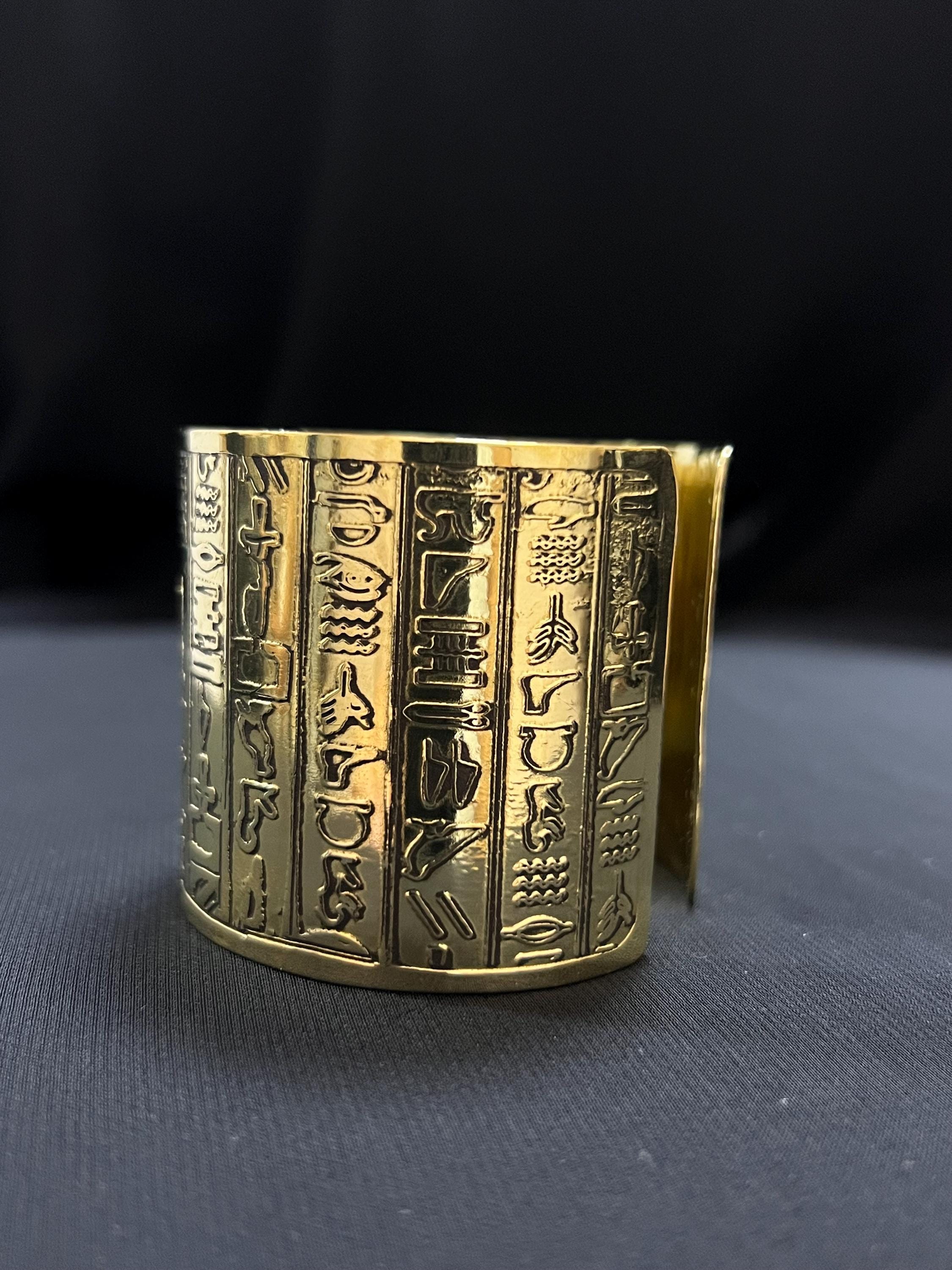 Gold Egyptian Hieroglyphic Cuff Bracelet | Wide Pharaoh-inspired Bangle ...