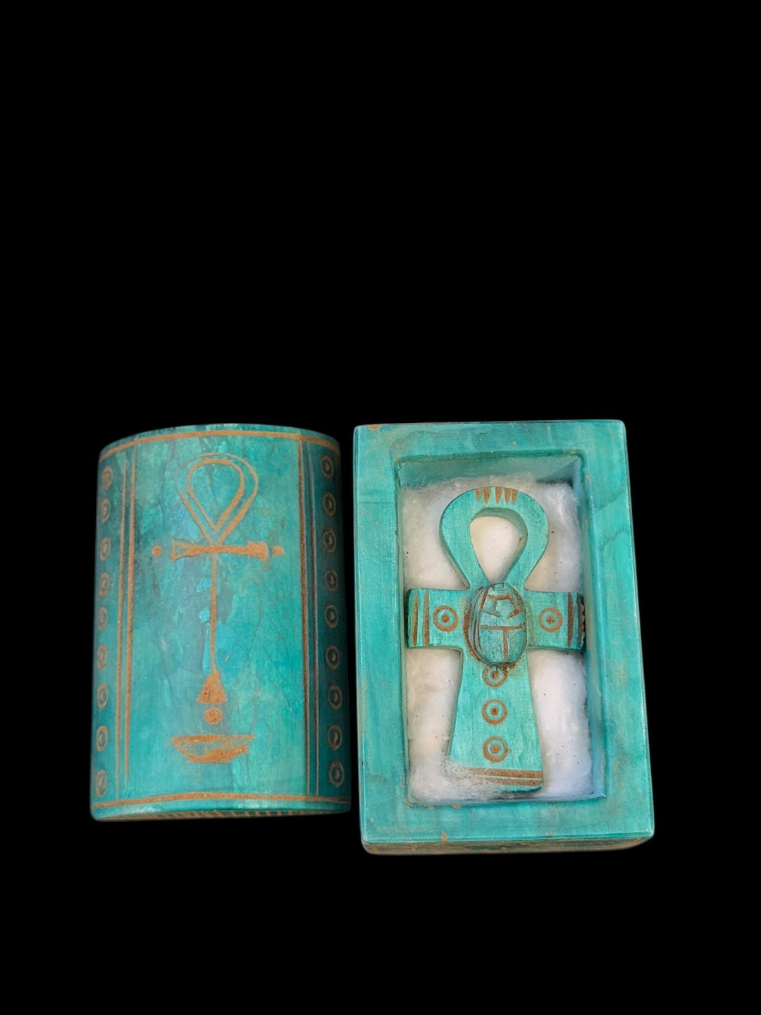 Rare Ankh Amulet in Carved Turquoise Box Scarab Ankh & Bull God ...