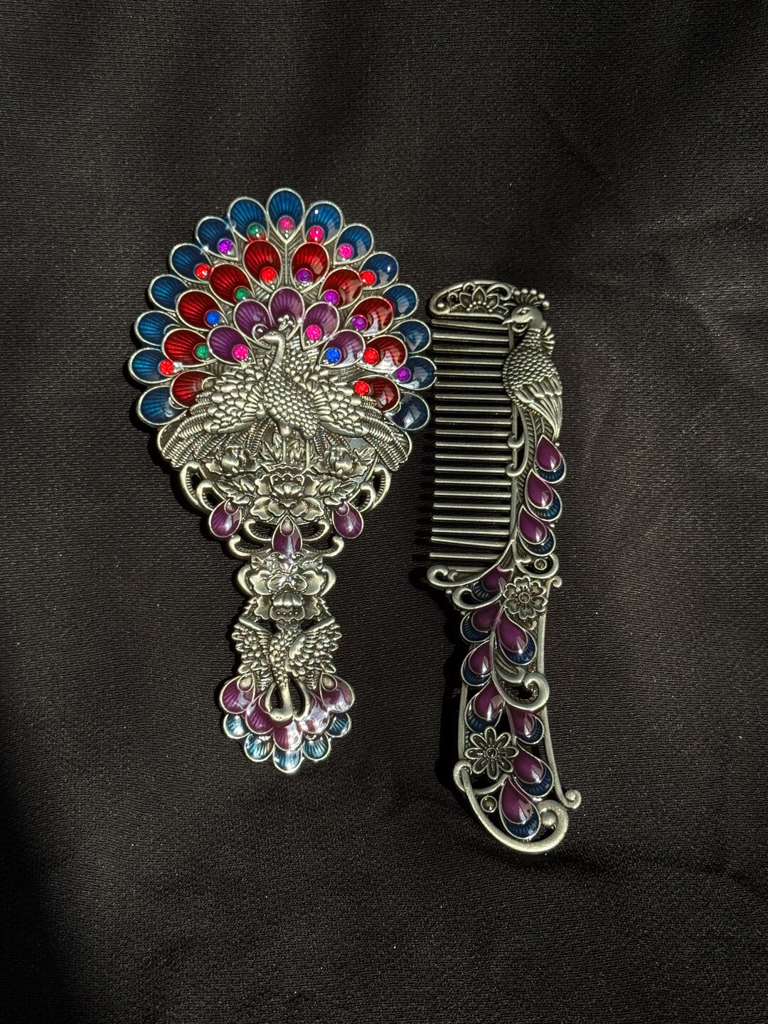 Mirror and Comb Set - Antique Silver Color Peacock Pattern - Hand ...