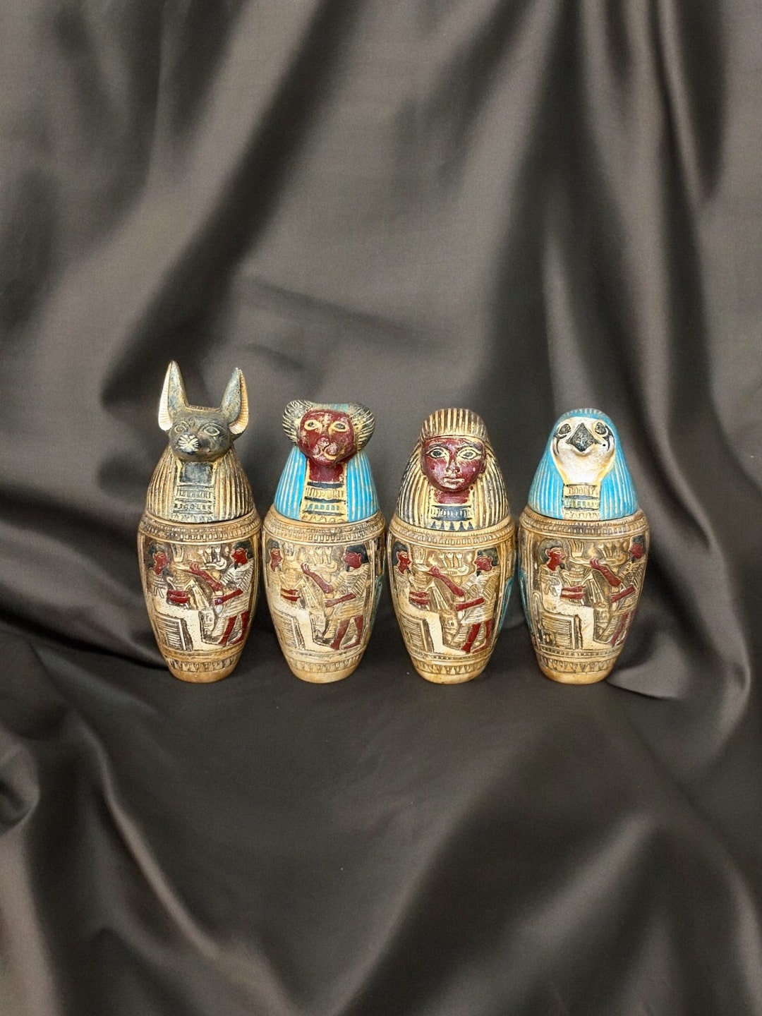 Set of Four Ancient Egyptian Canopic Jars Statues Hieroglyph Pharaoh ...