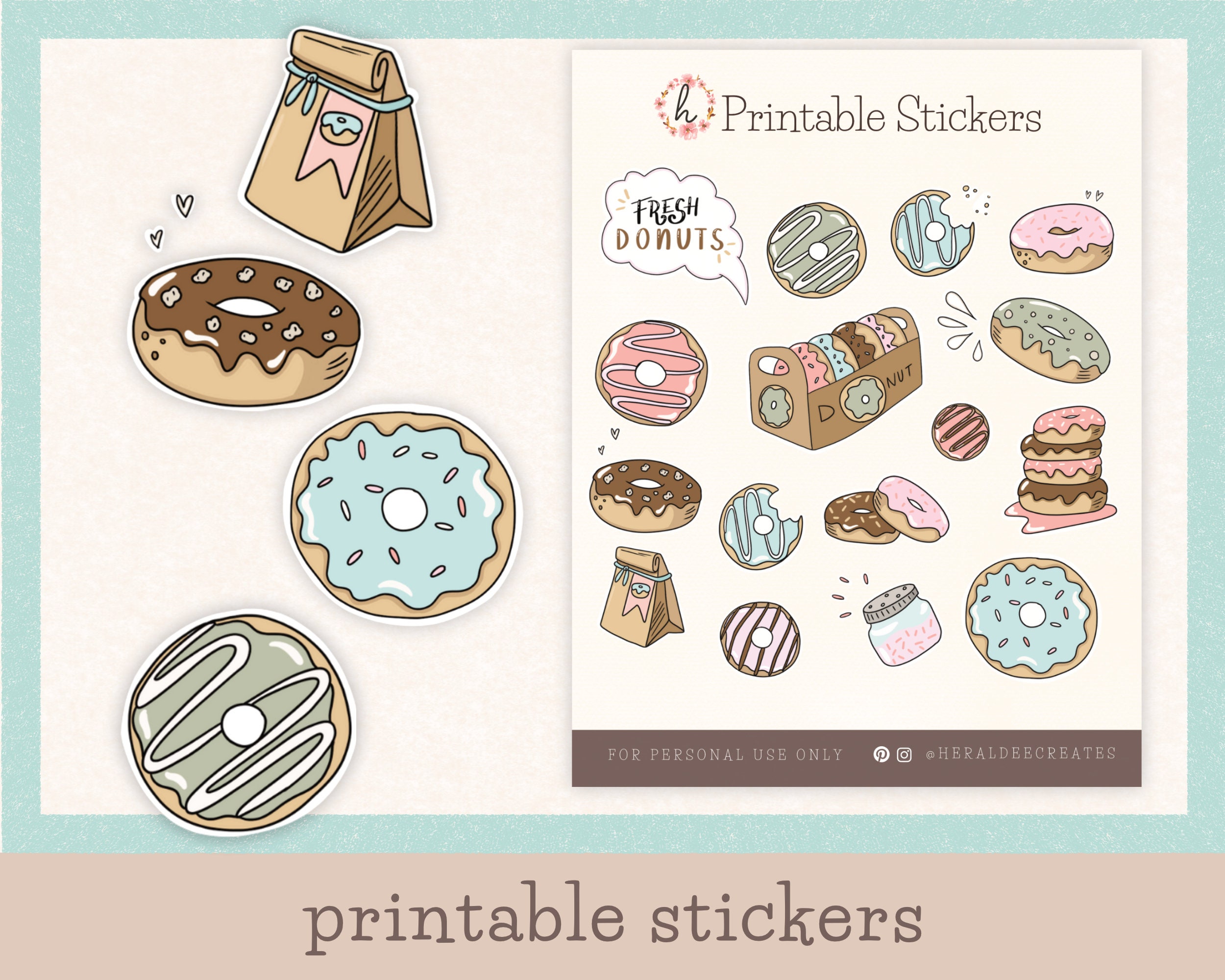 Printable Donut Stickers Food Sticker Sheet Dessert | Etsy