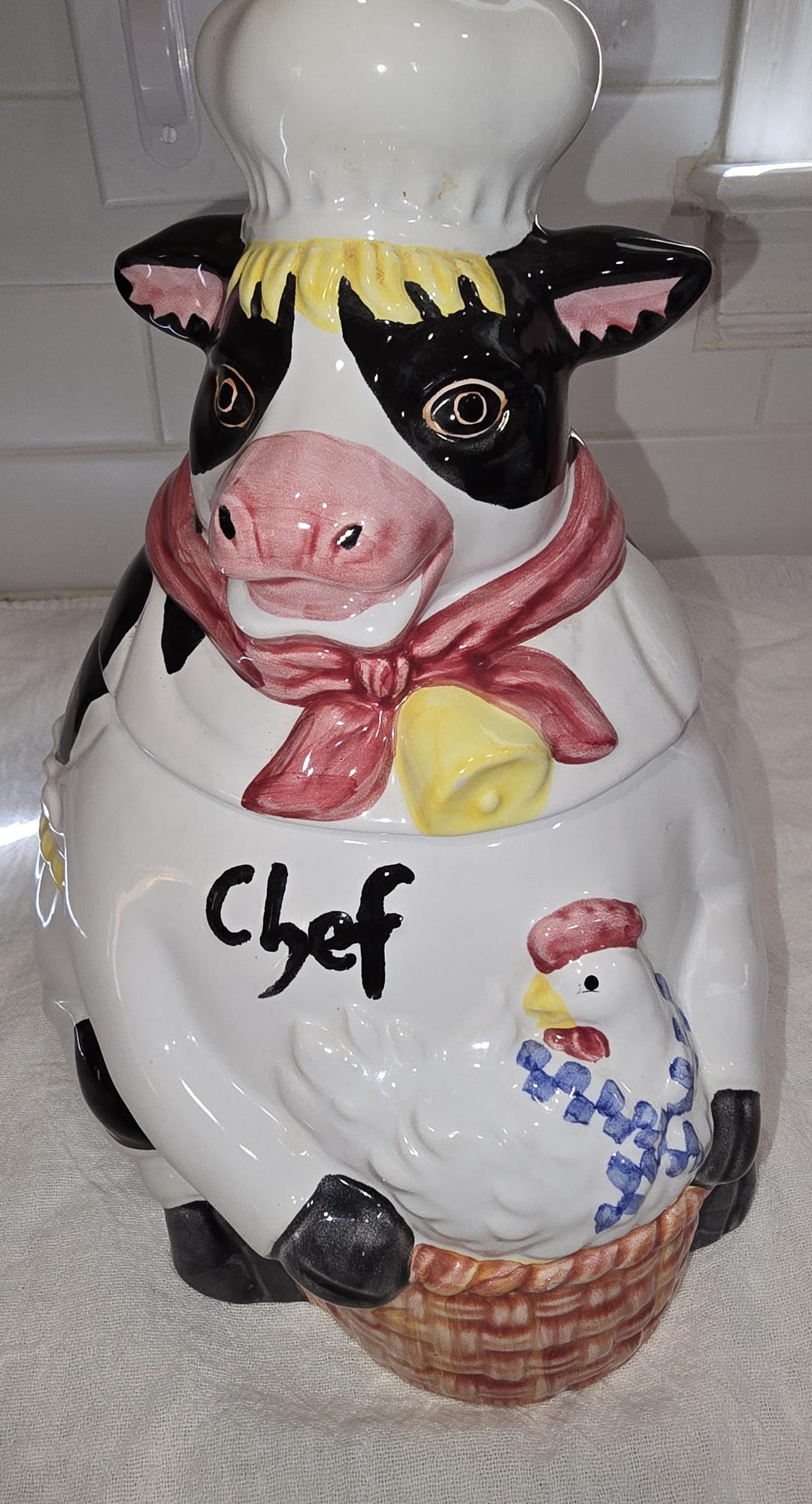 Vintage Farmhouse Cow Cookie Jar, Chef Cow Cookie Jar With Chicken in a ...