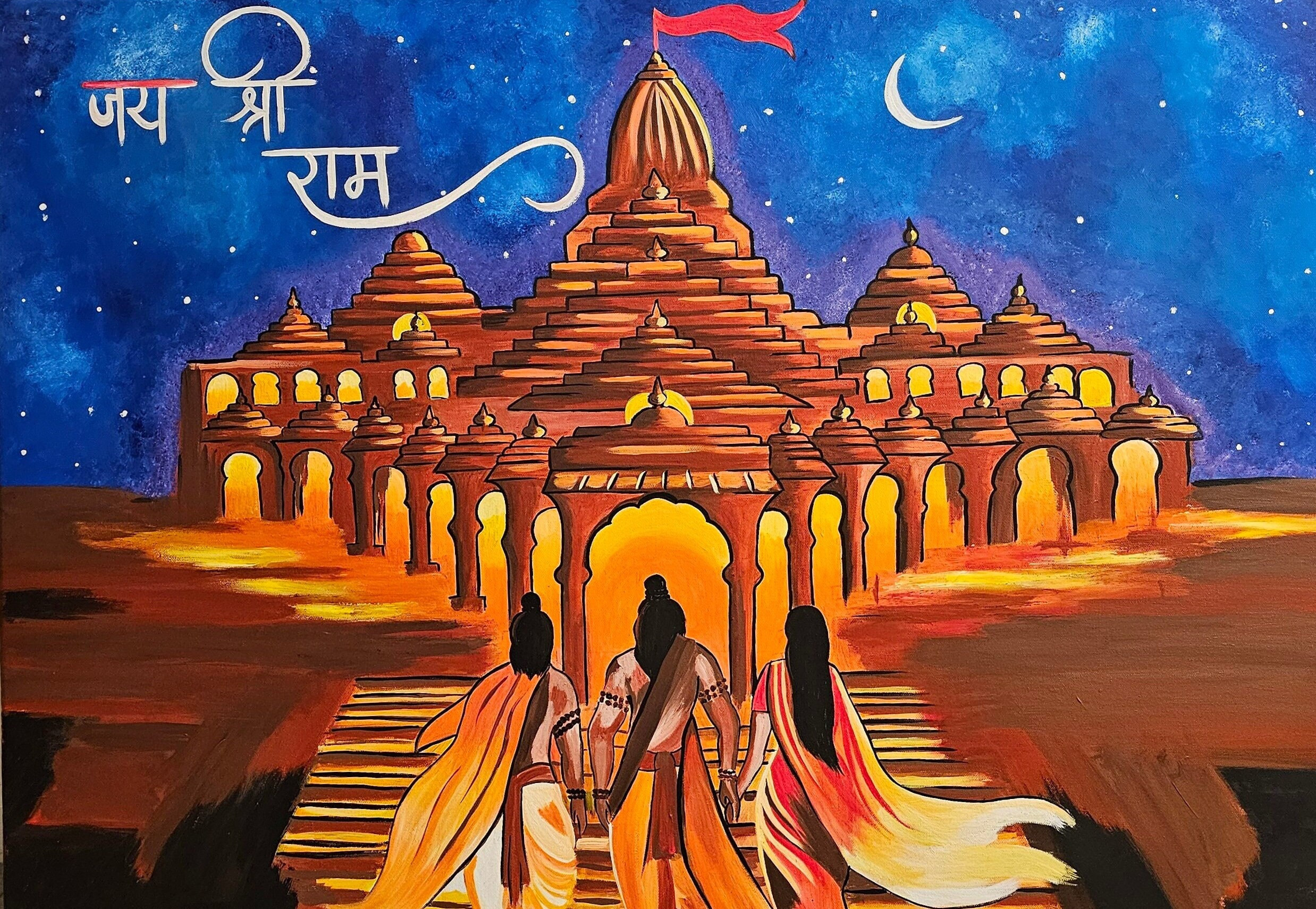 Ayodhya Shri Ram Mandir Painting on Canvas, Indian Art, Wall Home Decor ...