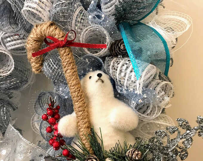 Christmas Candy Cane Wreath, Polar Bear Wreath, Unique Candy Cane ...