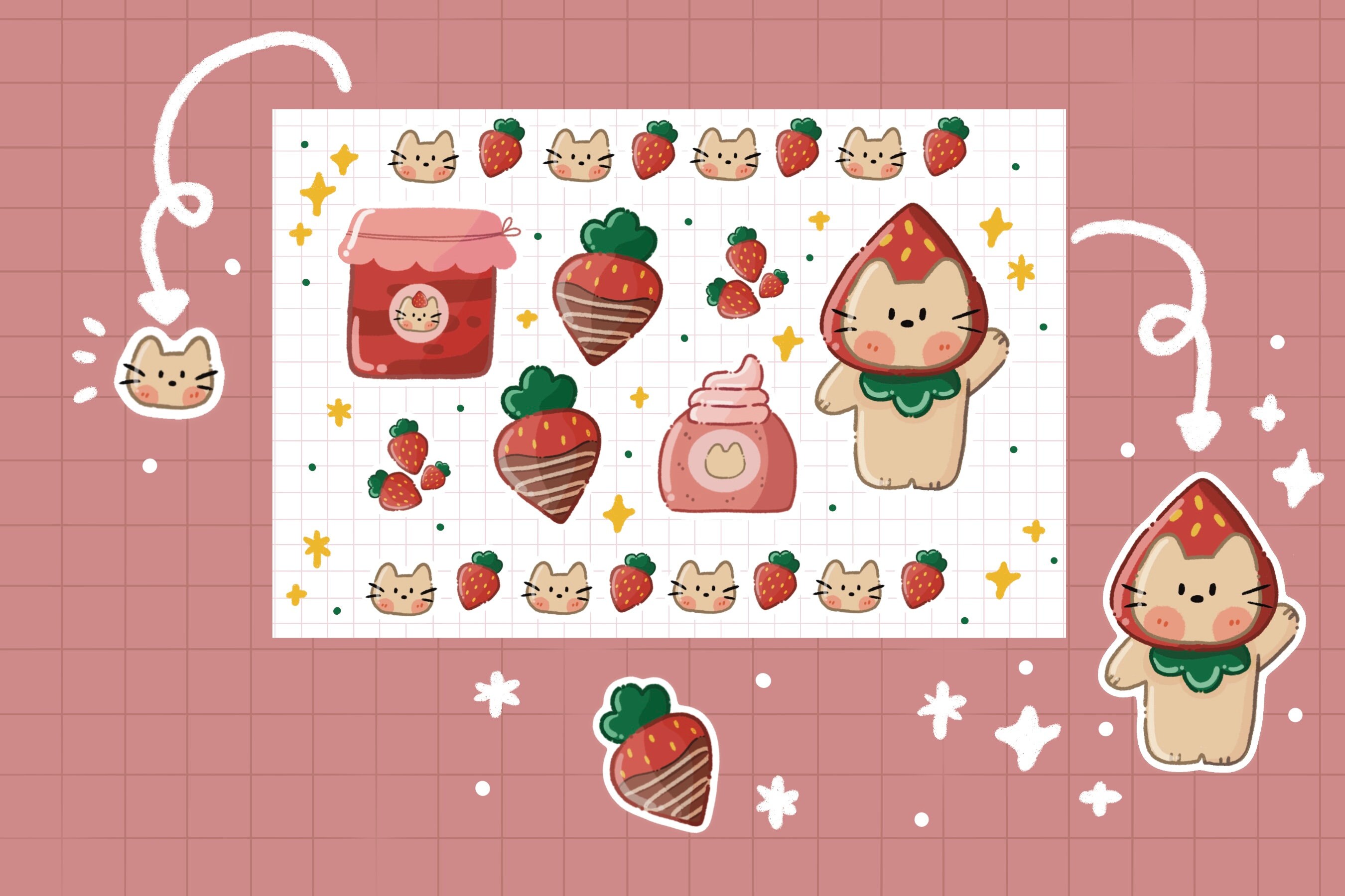 Strawberry Cat Sticker Sheets Hand Drawn Cute Mini Stickers for ...