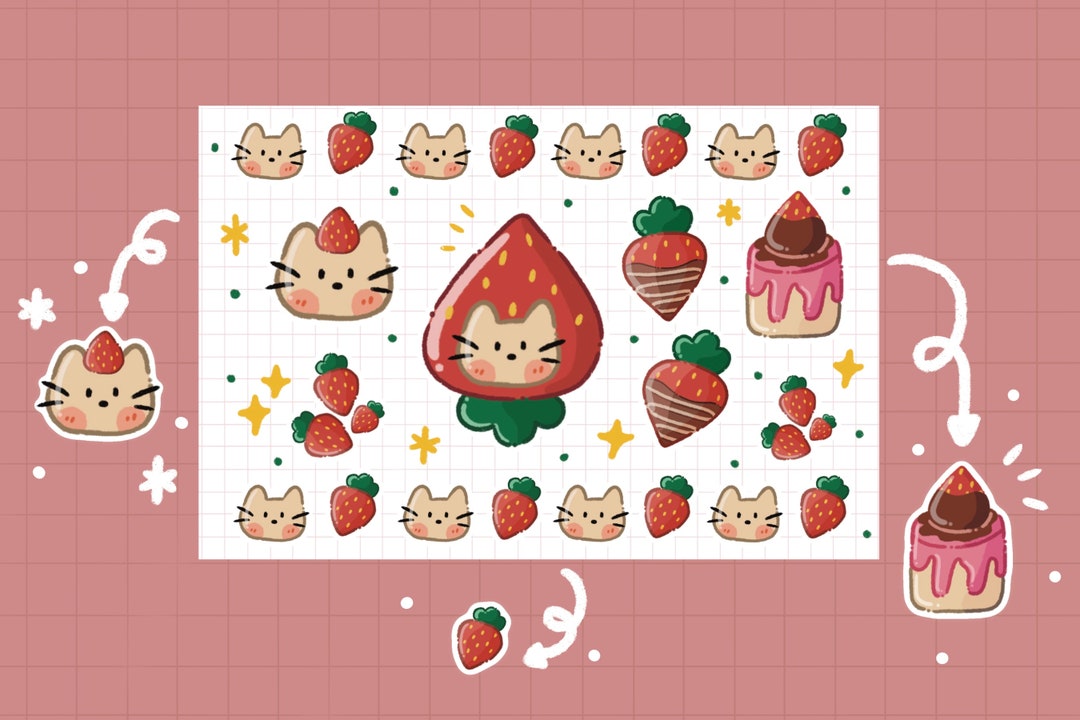 Strawberry Cat Sticker Sheets Hand Drawn Cute Mini Stickers for ...