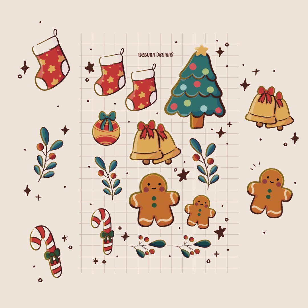 Christmas Sticker Sheet Cute Hand Drawn Christmas Holiday Sticker ...