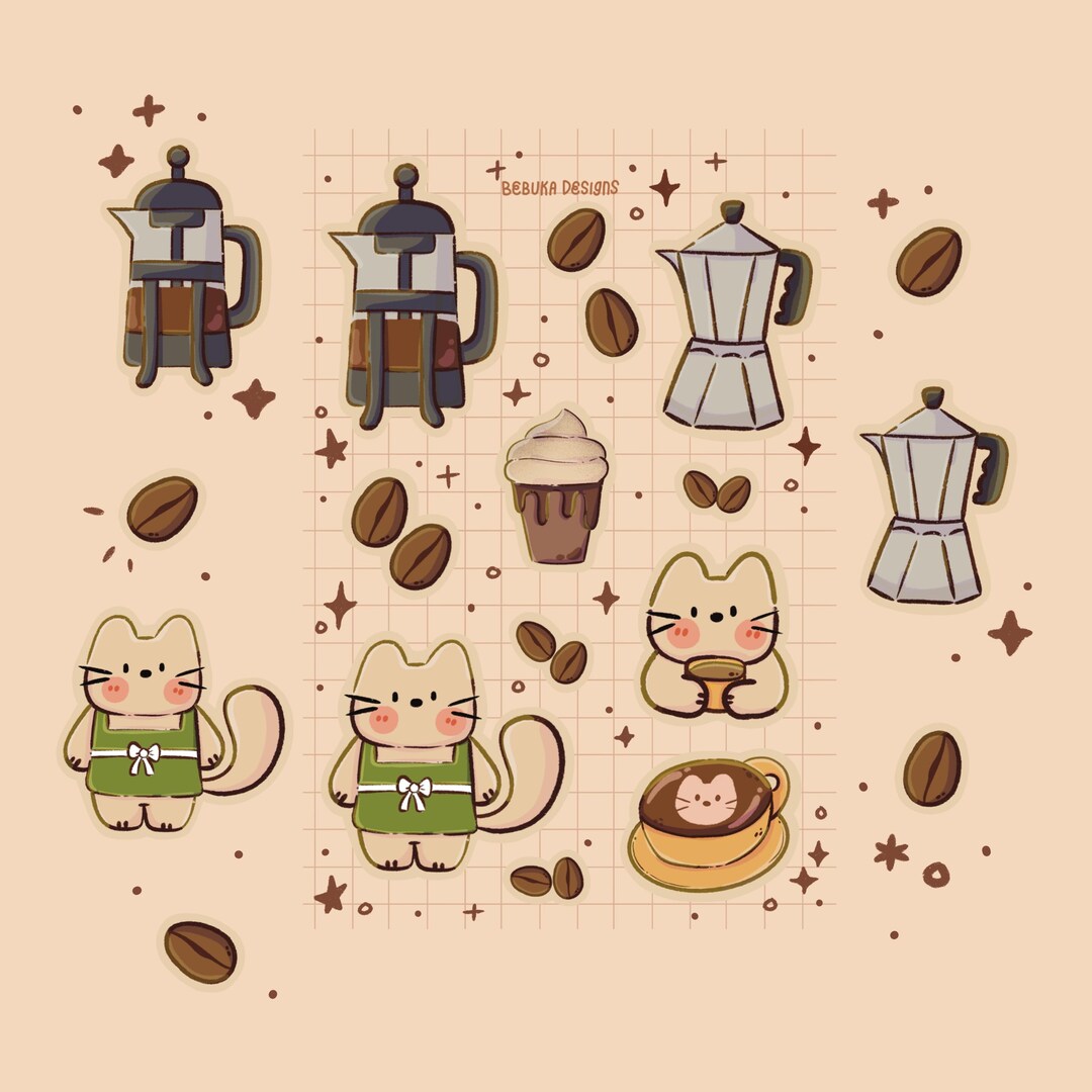 Coffee Shop Cat Cute Sticker Sheet Barista Cat Scrapbooking Bullet ...