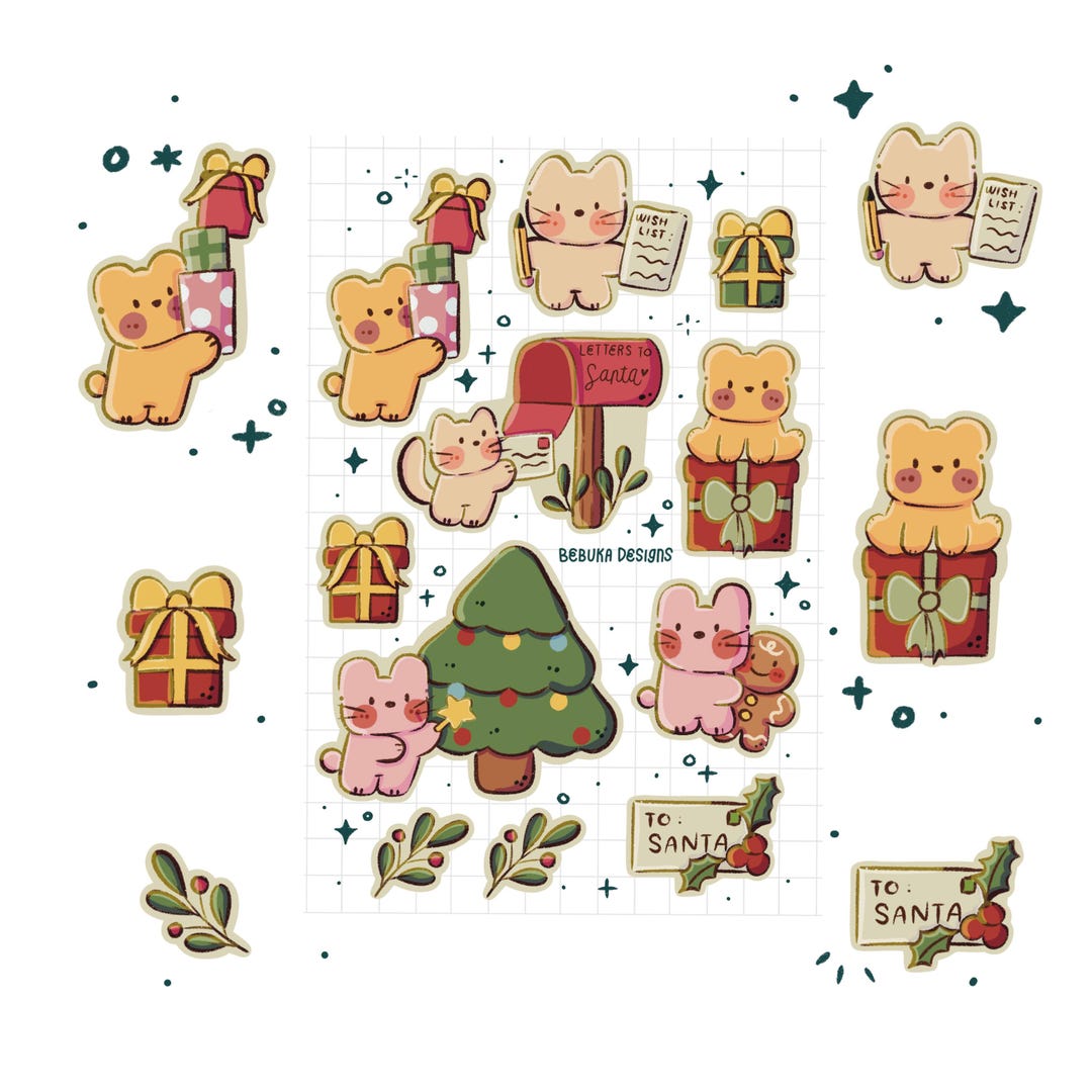 Christmas Sticker Sheet Hand Drawn Cute Animal Friends Stickers for ...