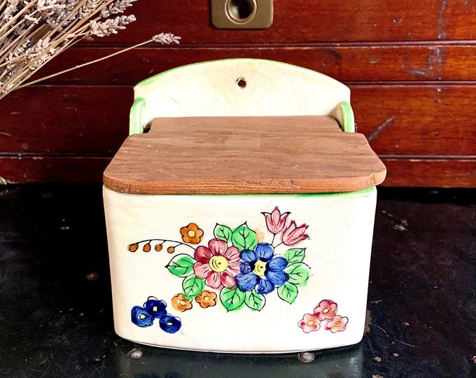 Vintage Ceramic Wall Salt Box With Hinged Wooden Lid Made in Japan - Etsy