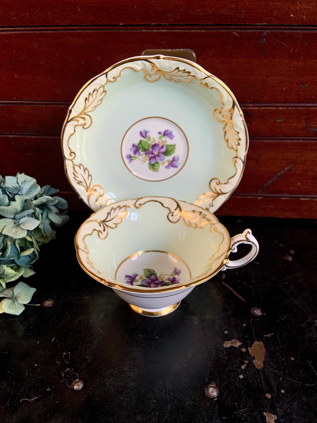 Paragon Bone China Mint Green With Violets Teacup and Saucer Set Made ...