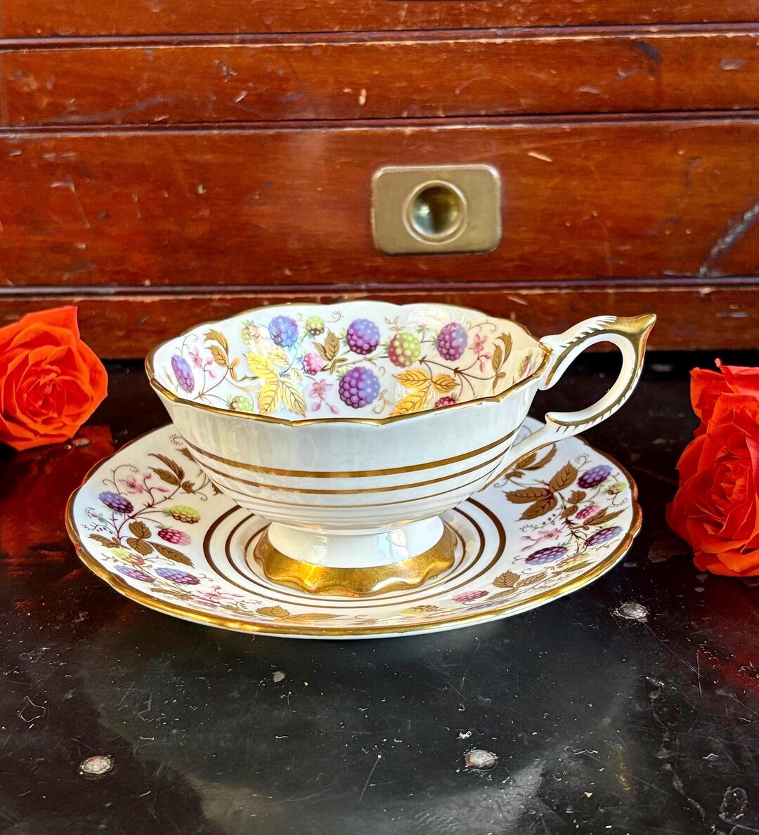 Vintage Royal Stafford Bone China Golden Bramble Teacup and Saucer Set ...