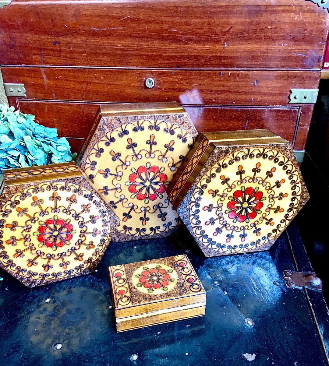 Set of 4 Vintage Folk Art Wooden Boxes Handmade in Poland - Etsy