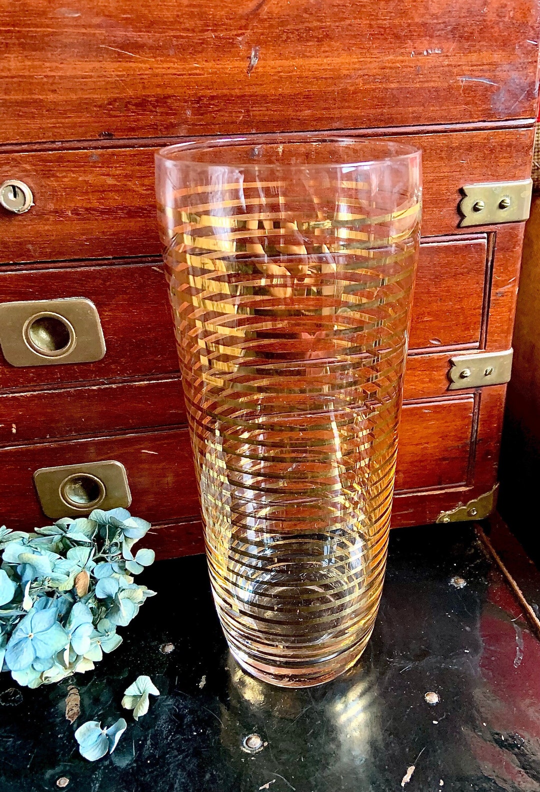 Vintage MCM 9" Glass Vase With Metallic Gold Stripes - Etsy