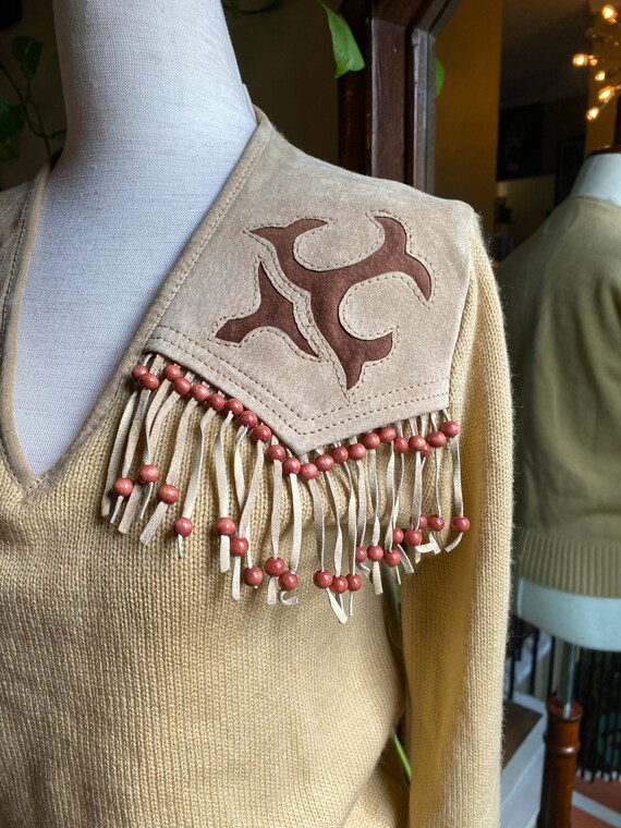 Vintage Western Knit Sweater | Suede Fringe Beads | T… - Gem