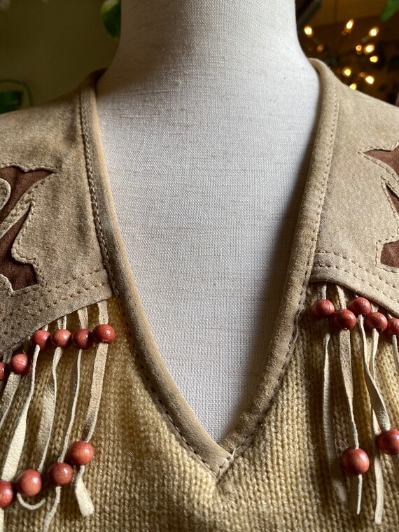 Vintage Western Knit Sweater | Suede Fringe Beads | T… - Gem