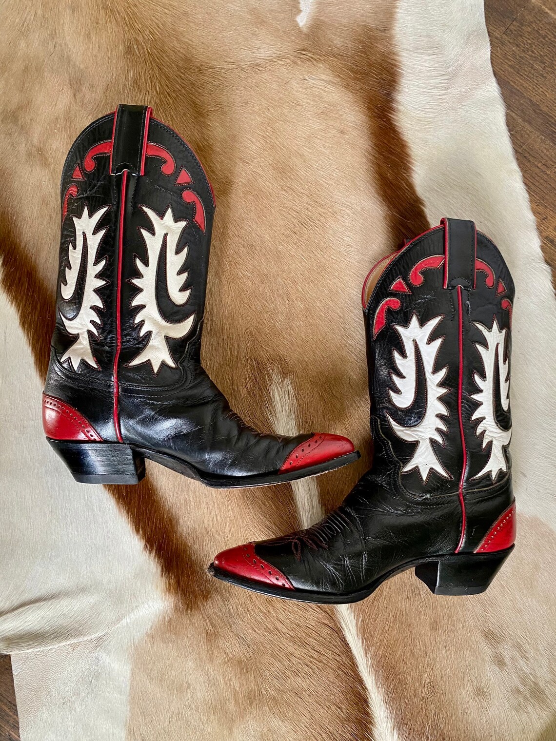 Vintage Western Justin Brand Boots Black, Red & White Inlay Womens 6 B ...