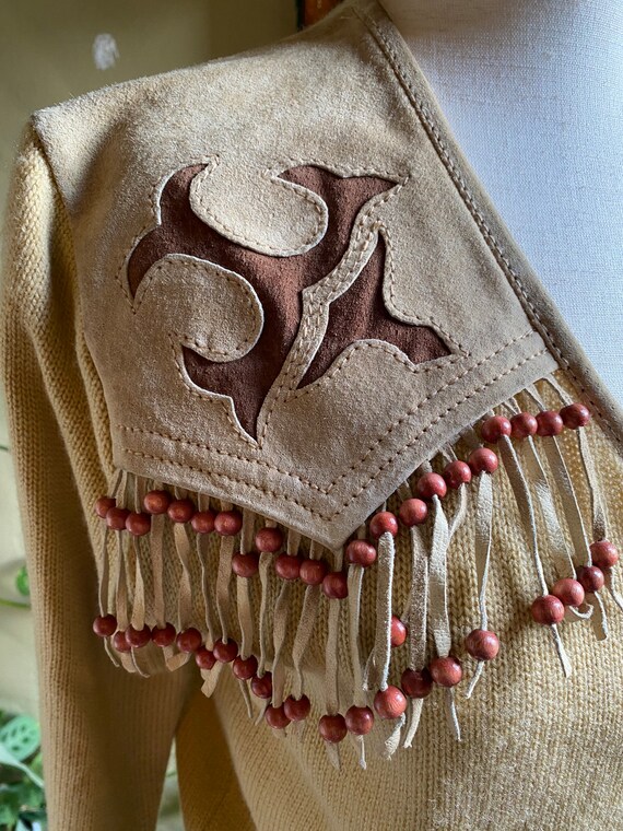Vintage Western Knit Sweater | Suede Fringe Beads | T… - Gem