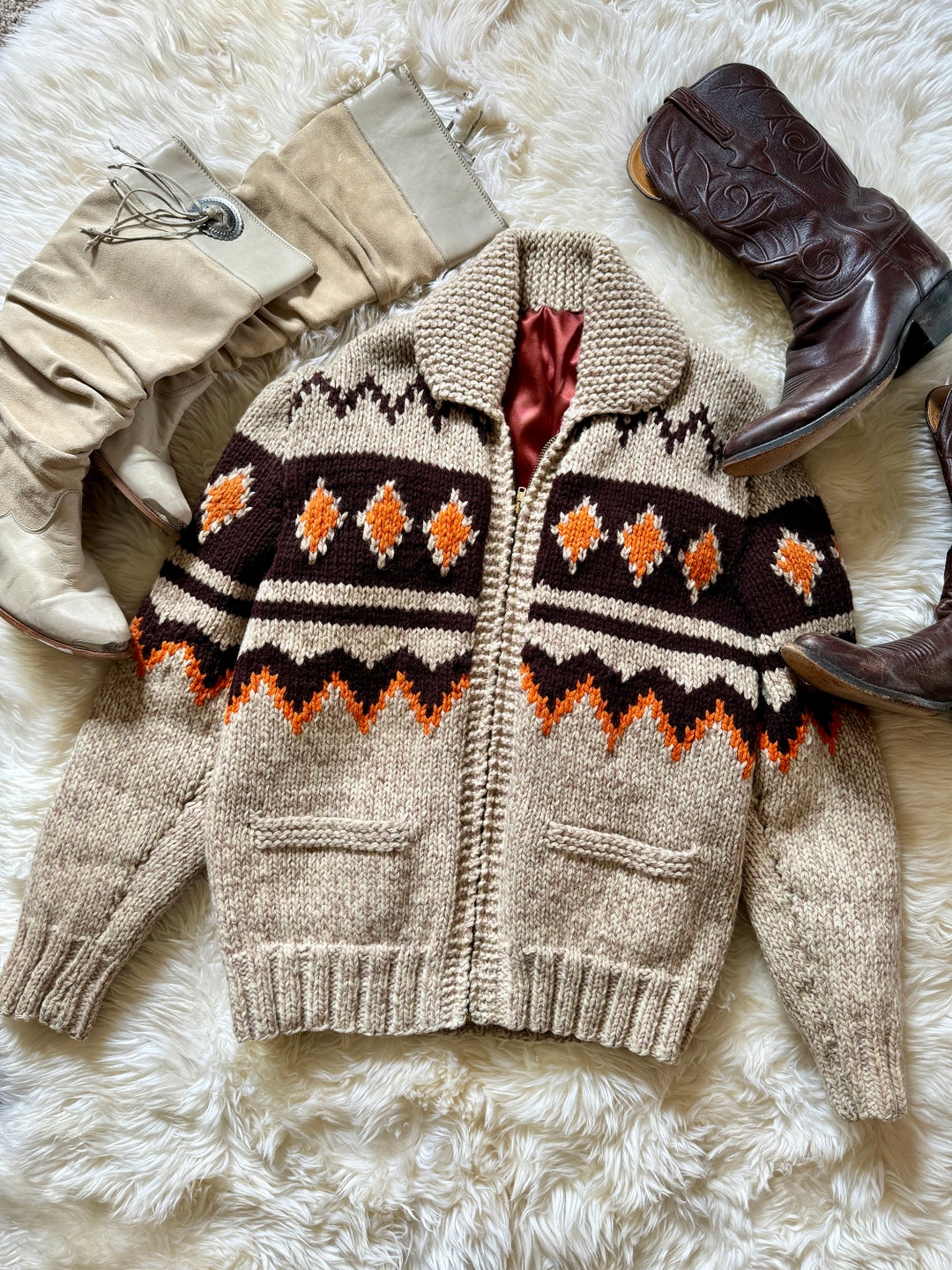 Vintage Heavy Duty Western Knit Sweater, Zip Up, Collared, Jacket ...