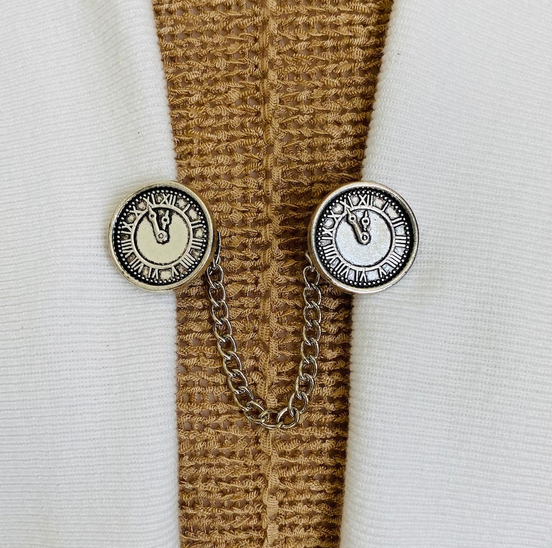 Sweater Clips Silver Clock Face Sweater Clip Cardigan Clasp Chained ...