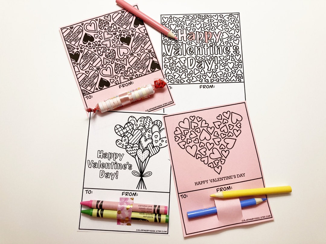 Hearts Valentine Cards: DIY Coloring Printables (PDF & PNG) - Etsy