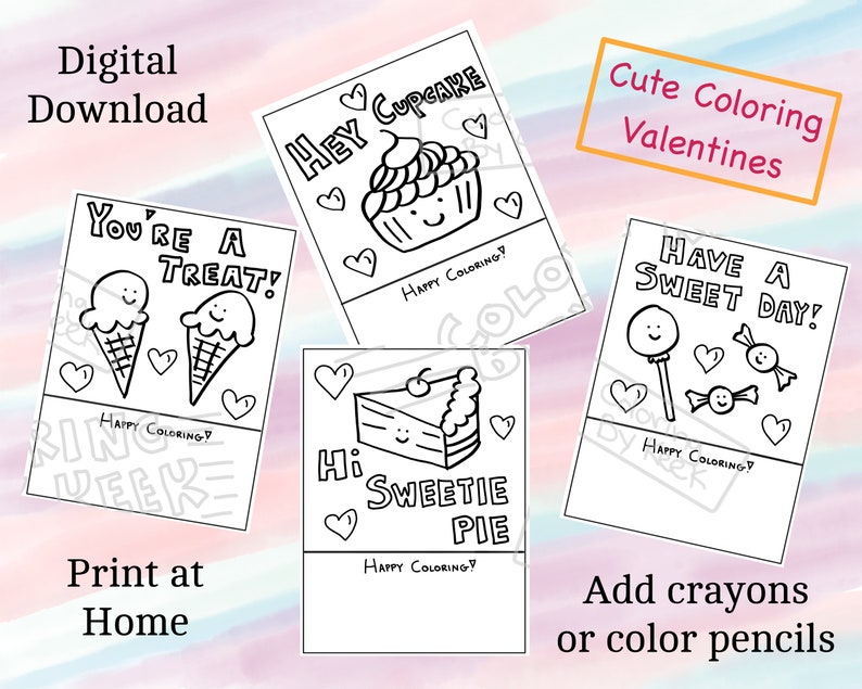 Printable Coloring Valentines / Cute Treats / Digital Download / DIY ...